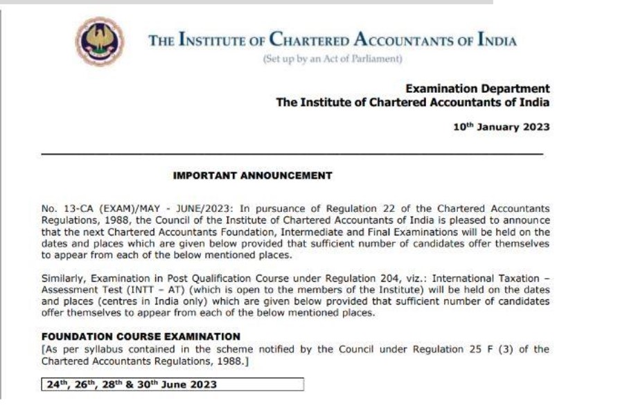 CA Foundation Exam Dates June 2023:Check ICAI TimeTable 2023